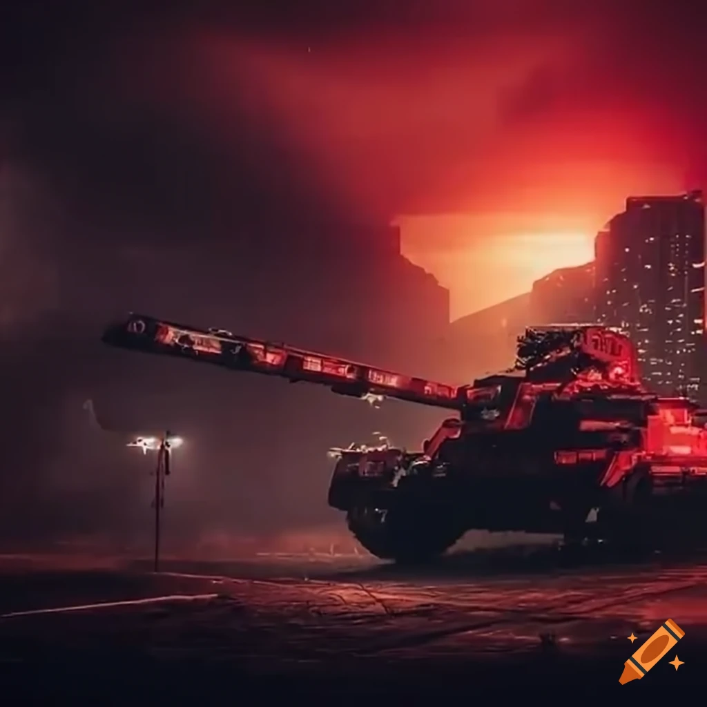 Futuristic battle scene with a red and black heavily armored tank in a ...