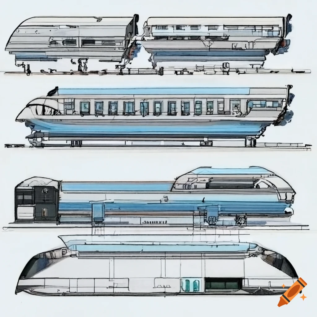 Futuristic health train construction manual in technical drawing style ...