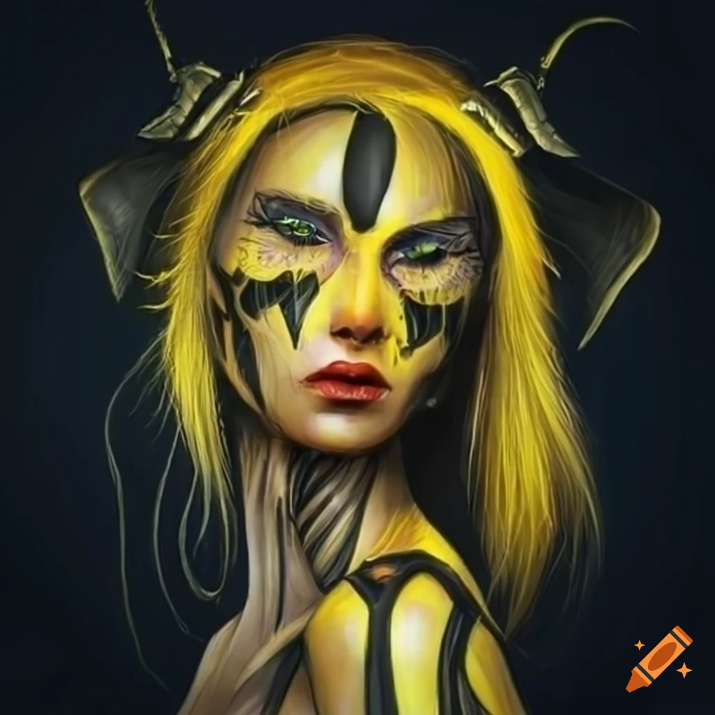 Biomechanical bee woman in yellow and black on Craiyon