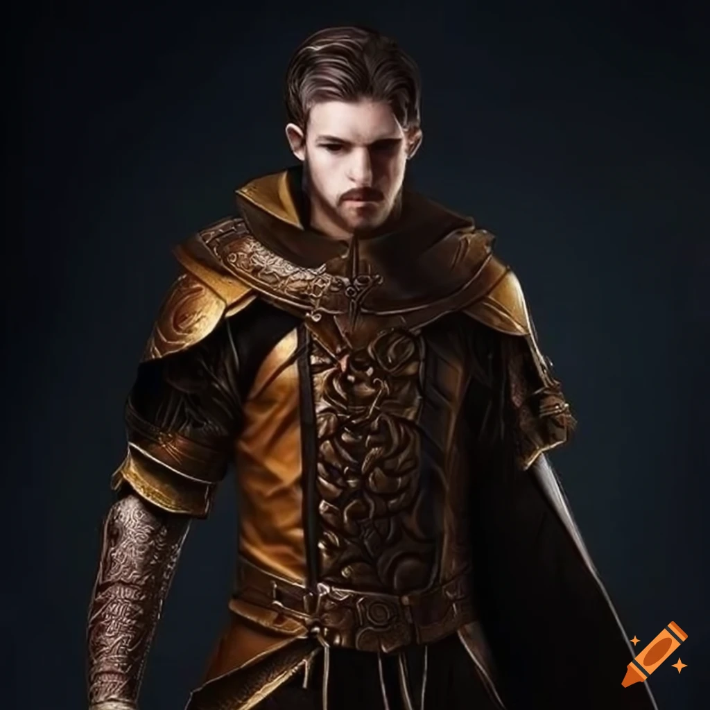 Heroic fantasy man with crow feather cape, yellow eyes, two swords on ...