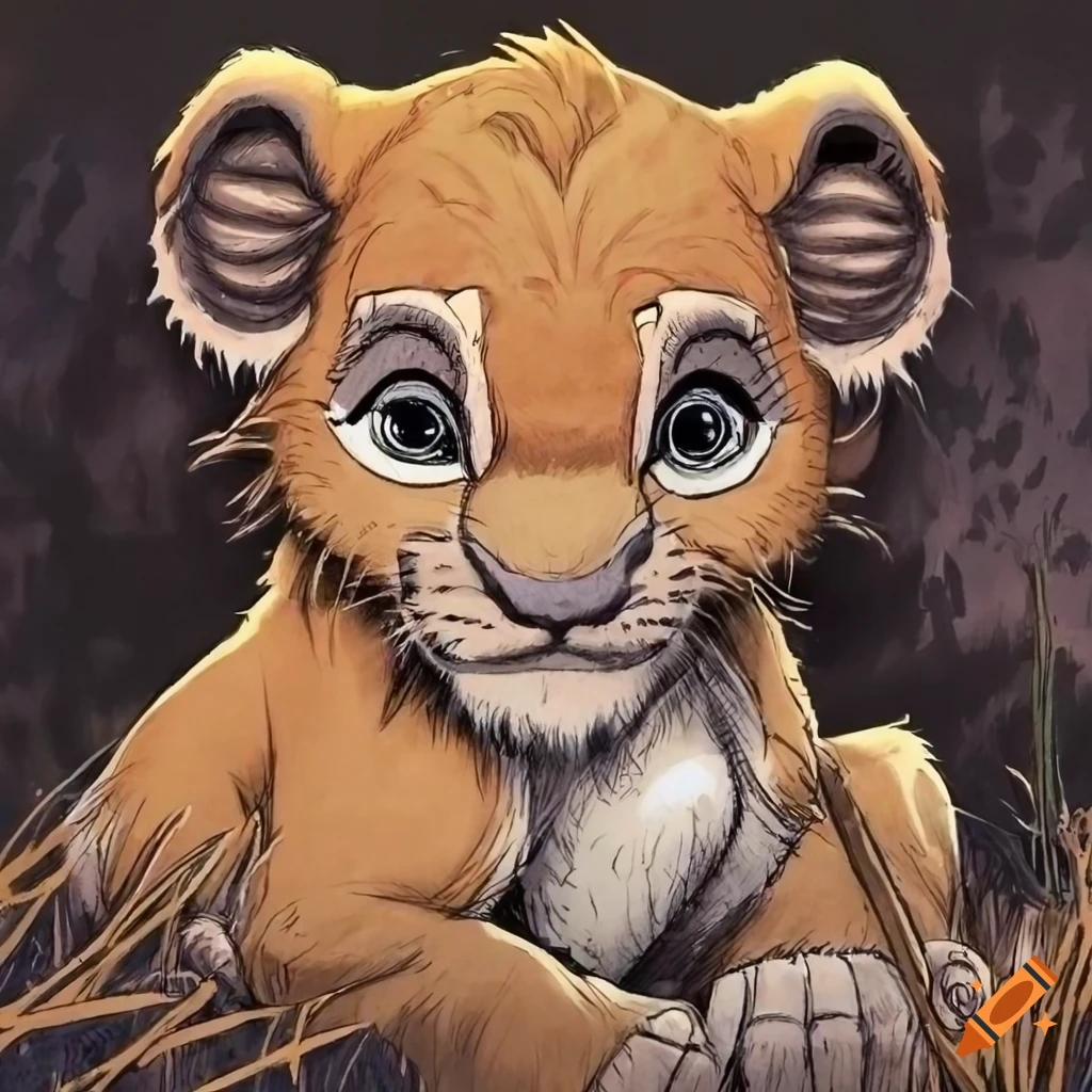 Cub Simba in Kentaro Miura's Berserk style, detailed manga art in ink ...