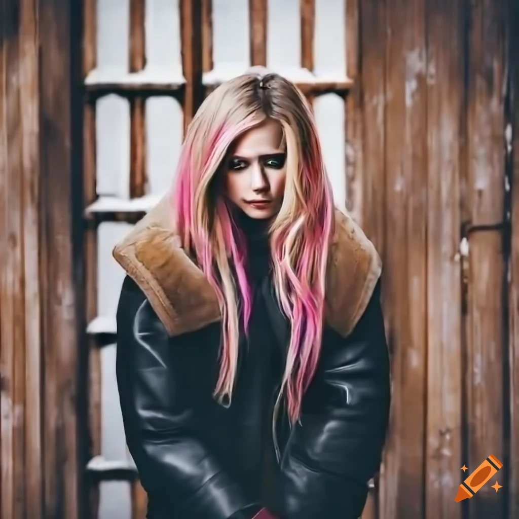 Singer Avril Lavigne lookalike in sheepskin bomber jacket and leather ...