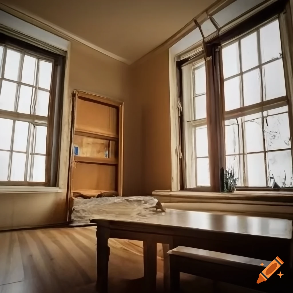 Low angle view of a room with high window and table on Craiyon
