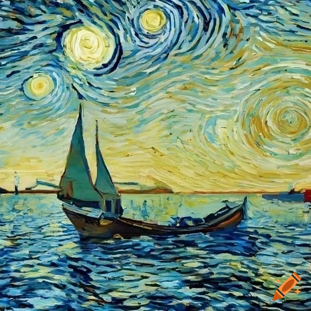 Boats on a roaring sea in a van gogh-like style painting on Craiyon