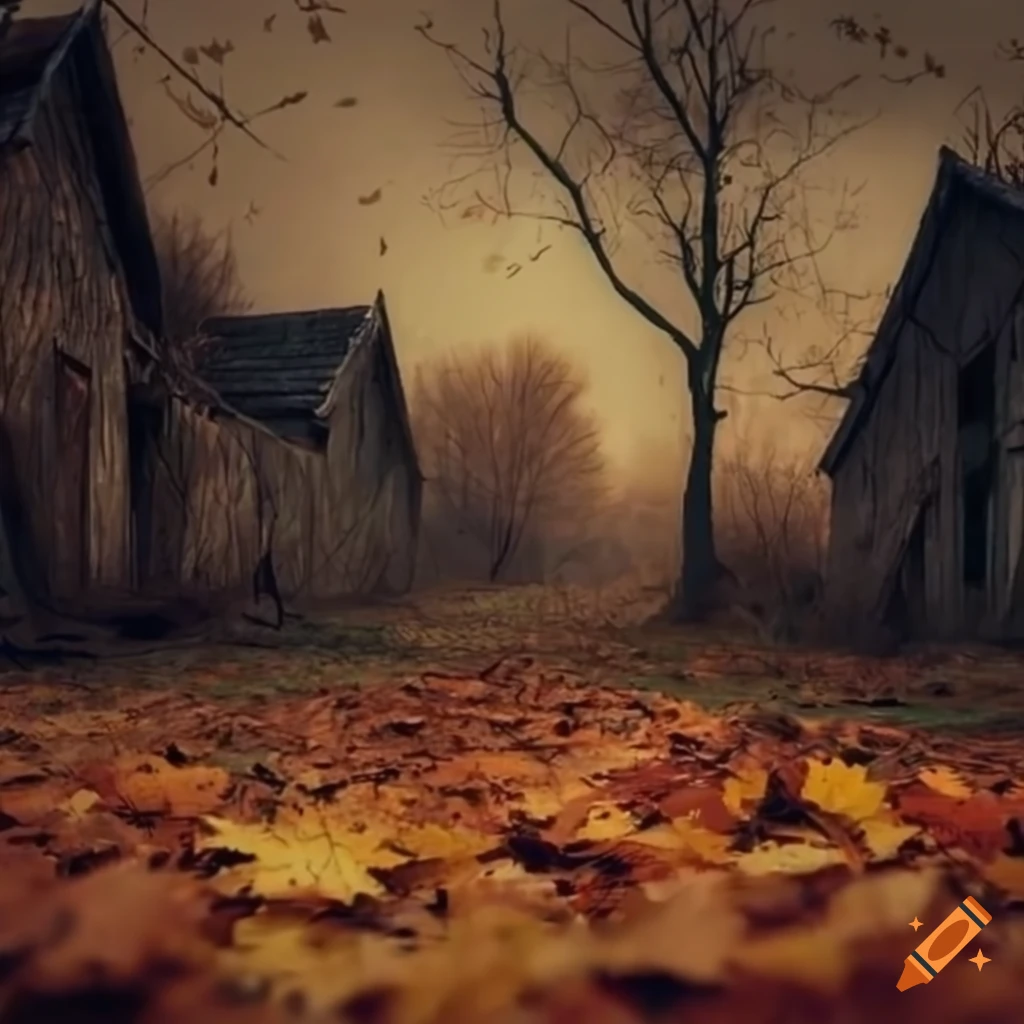 Spooky abandoned village with insects and autumn leaves on Craiyon