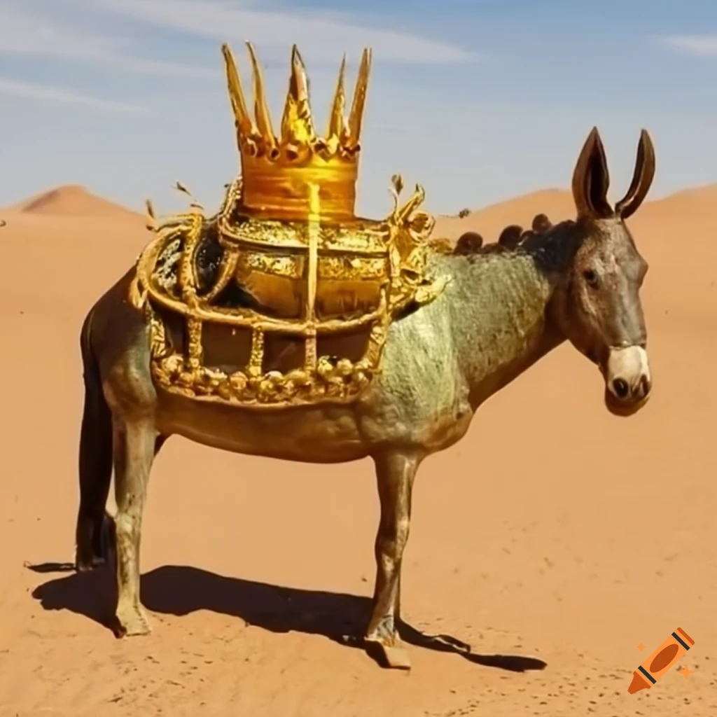 Bronze mule wearing a golden crown in the desert on Craiyon