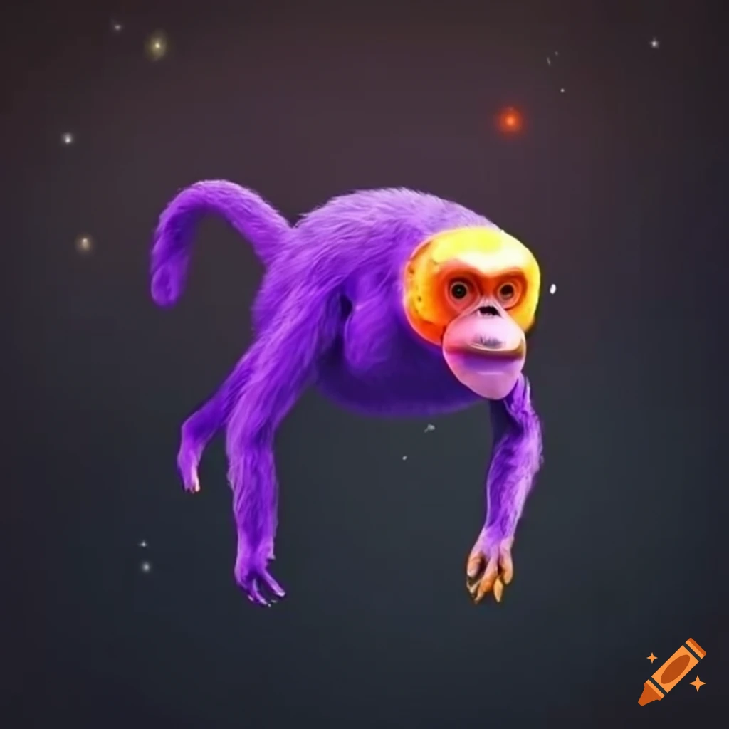Orange and purple ape floating in space on Craiyon