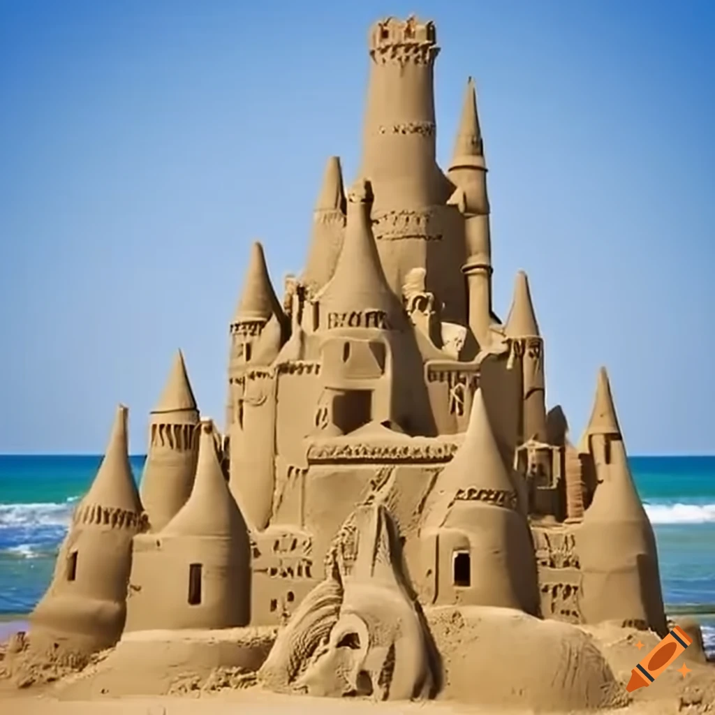 Big fancy sand castle on the beach on Craiyon