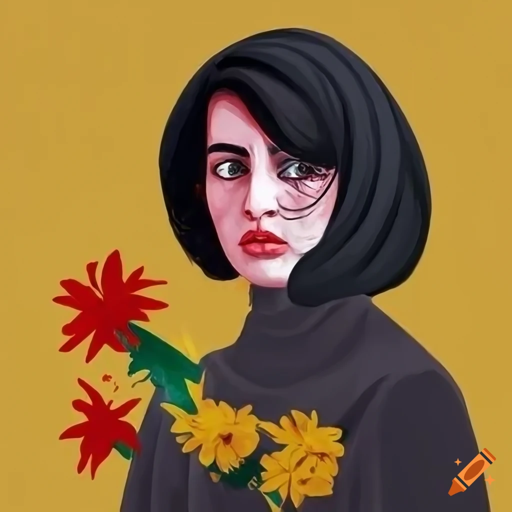 Bold communist and cubist art of Iranian girl cutting yellow flowers in ...