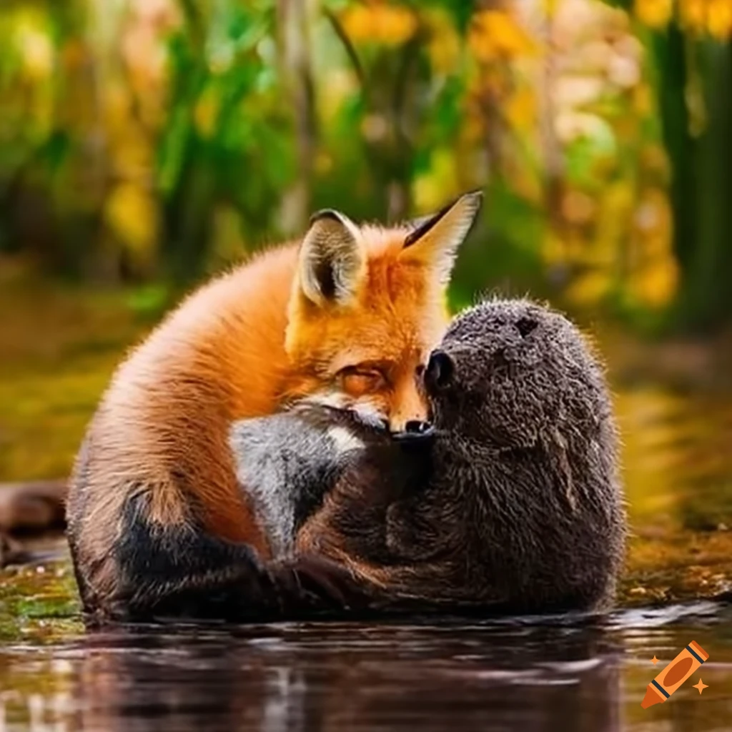 Fox and beaver friends in a fall forest setting on Craiyon
