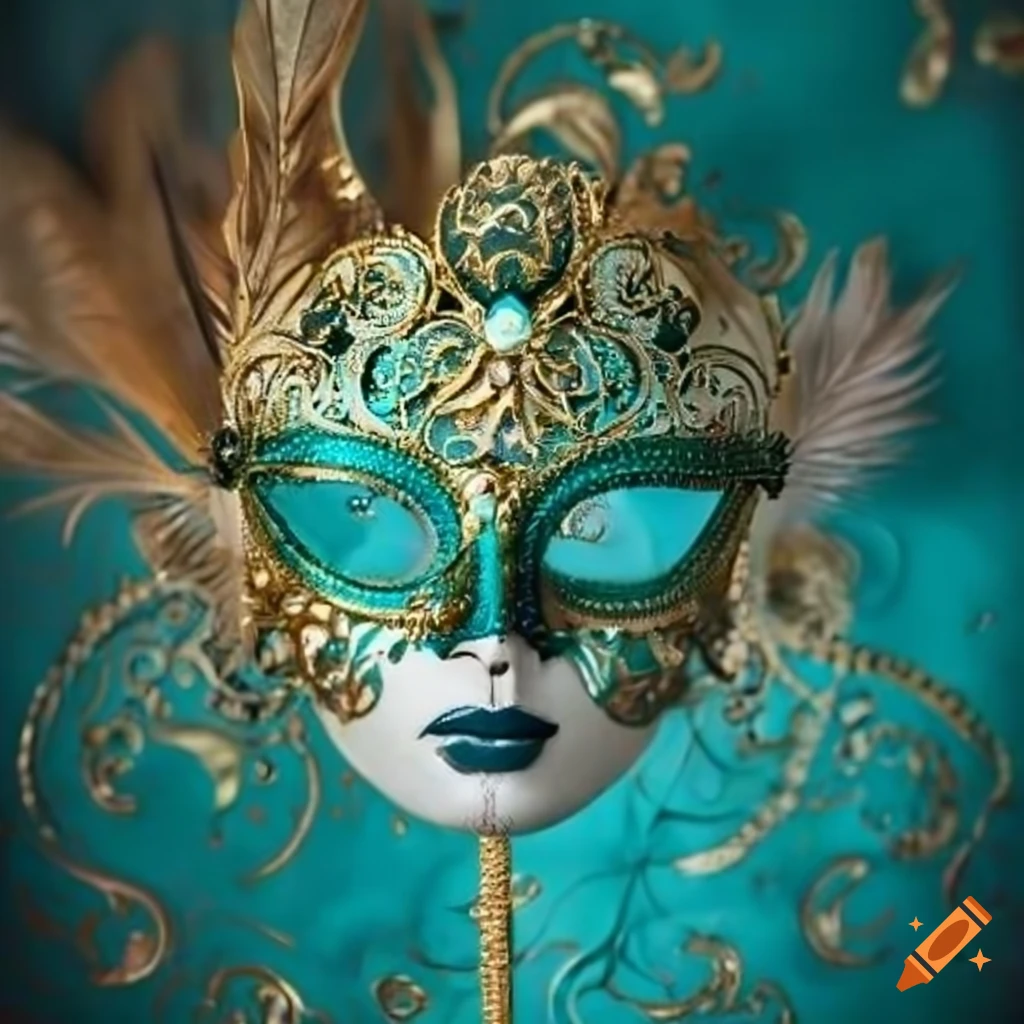 Exquisite gold filigree masquerade mask with teal accents and feathers ...