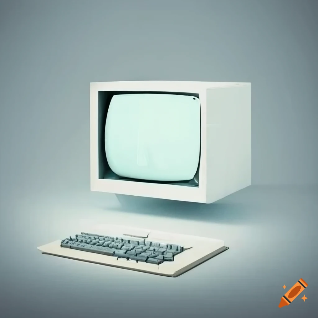 Vintage 60's computer in a serene white room with an open door on Craiyon