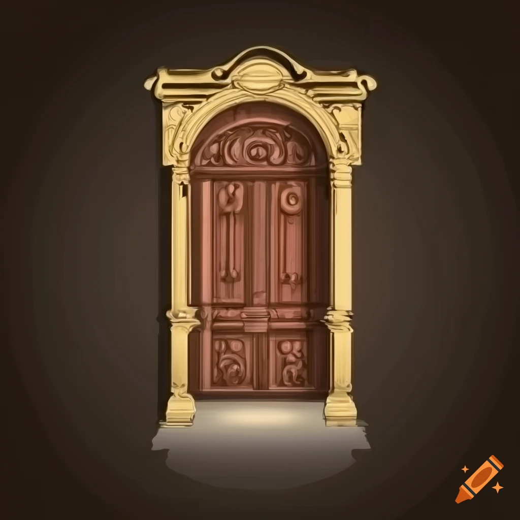 Detailed vector art of an antique ornate library door with brass ...