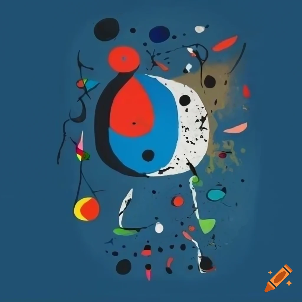 Surrealist red, yellow, white, and blue creatures and plants in Miro ...