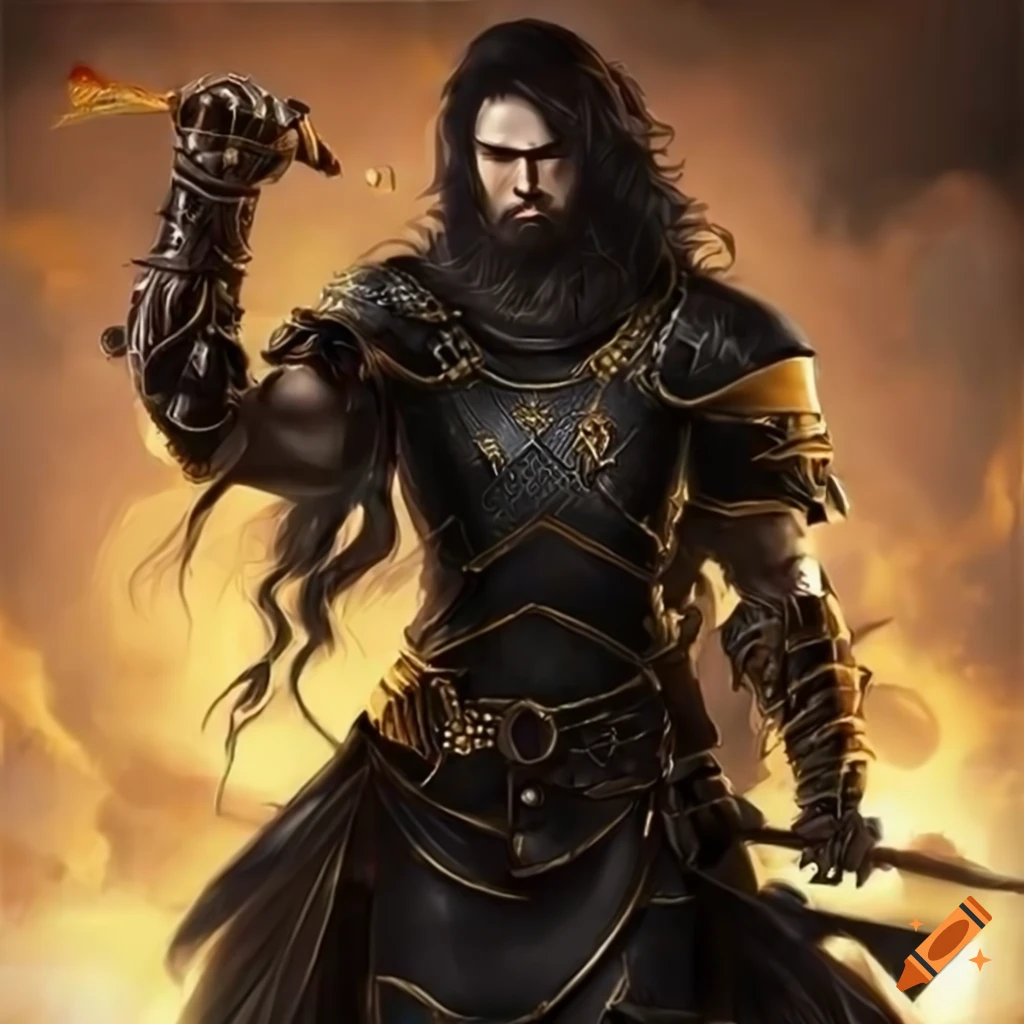 Heroic fantasy male warrior with black hair and beard, two swords on ...