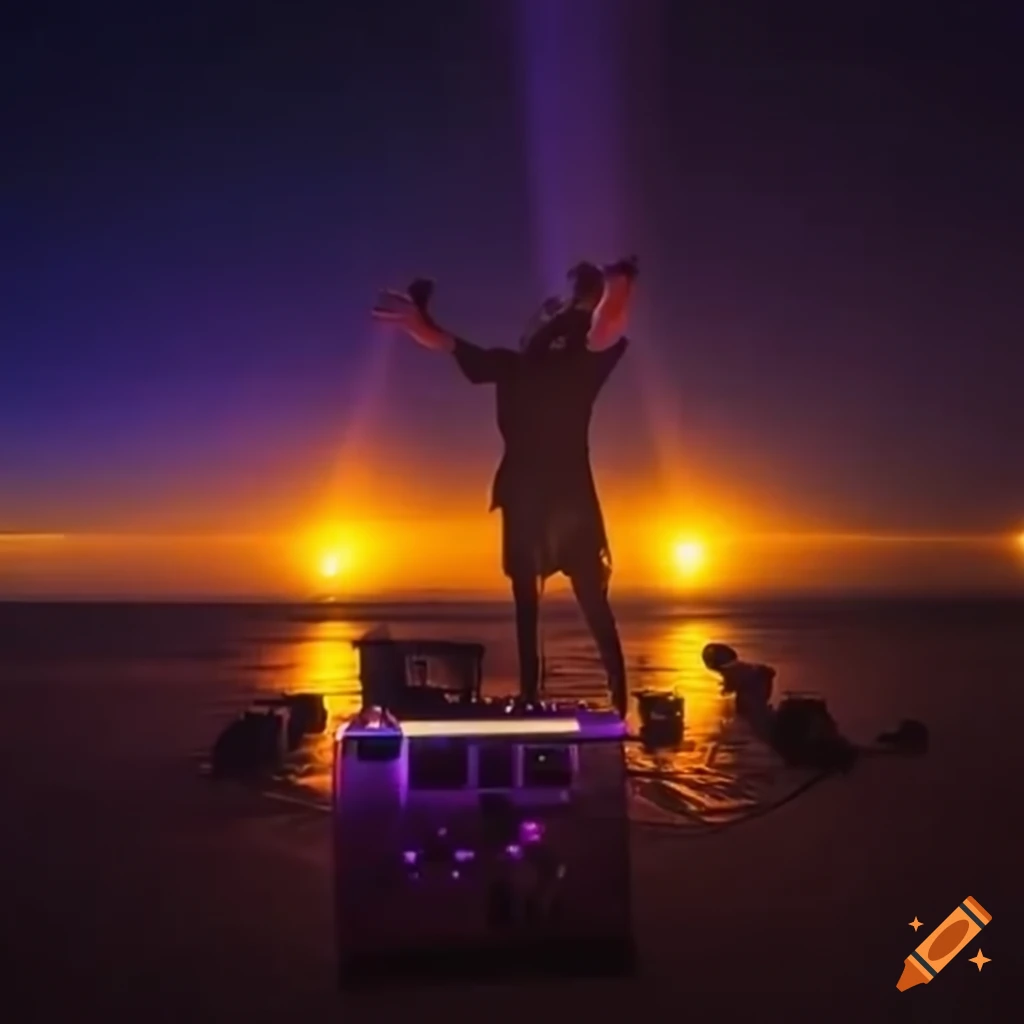 Lively dj performing on a sandy beach with yellow light show on Craiyon