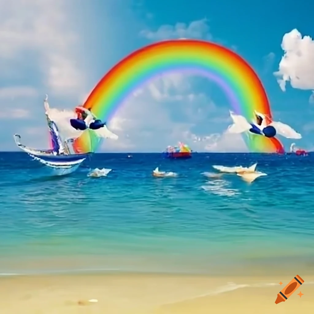 Beach scene with a rainbow, butterfly, fish, seahorse, starfish, and ...