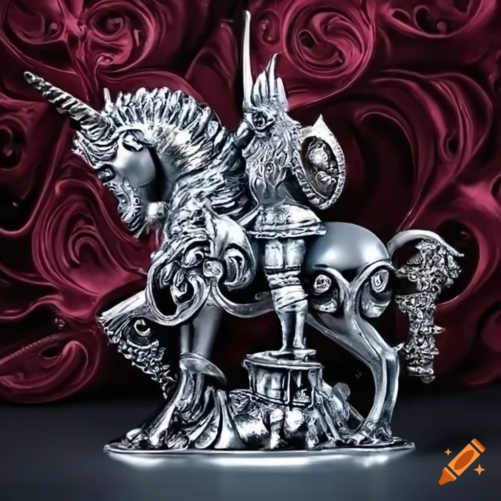 Knight with ornate chrome unicorn sculpture on Craiyon