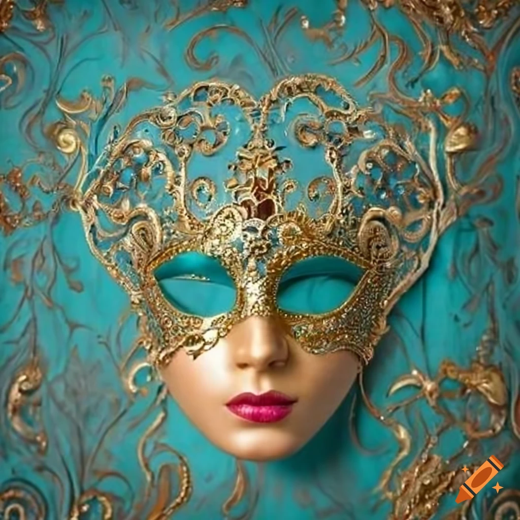 Exquisite gold filigree masquerade mask with teal accents and feathers ...