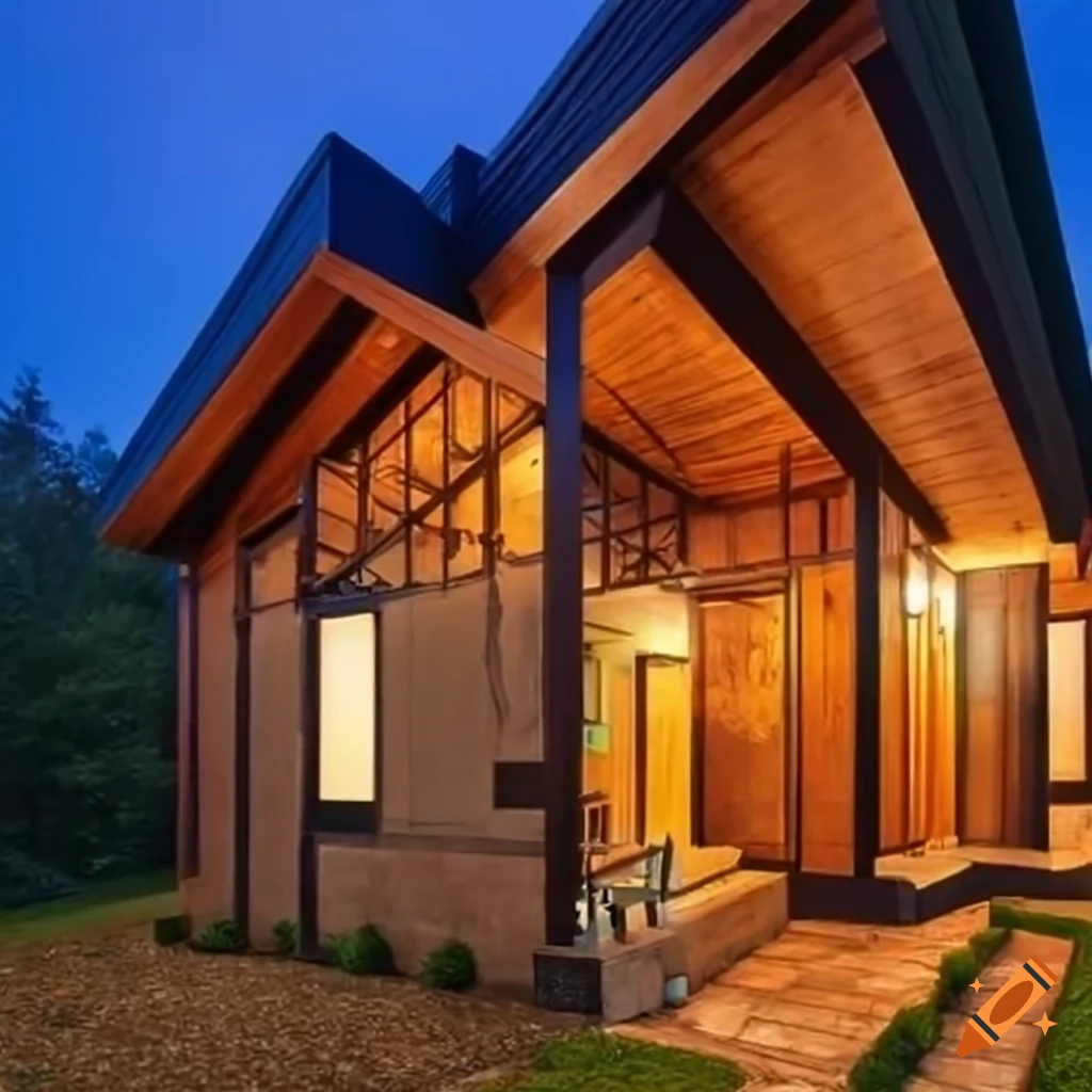 Unique mixed-style house with wood slices and ceramic tile bricks on ...