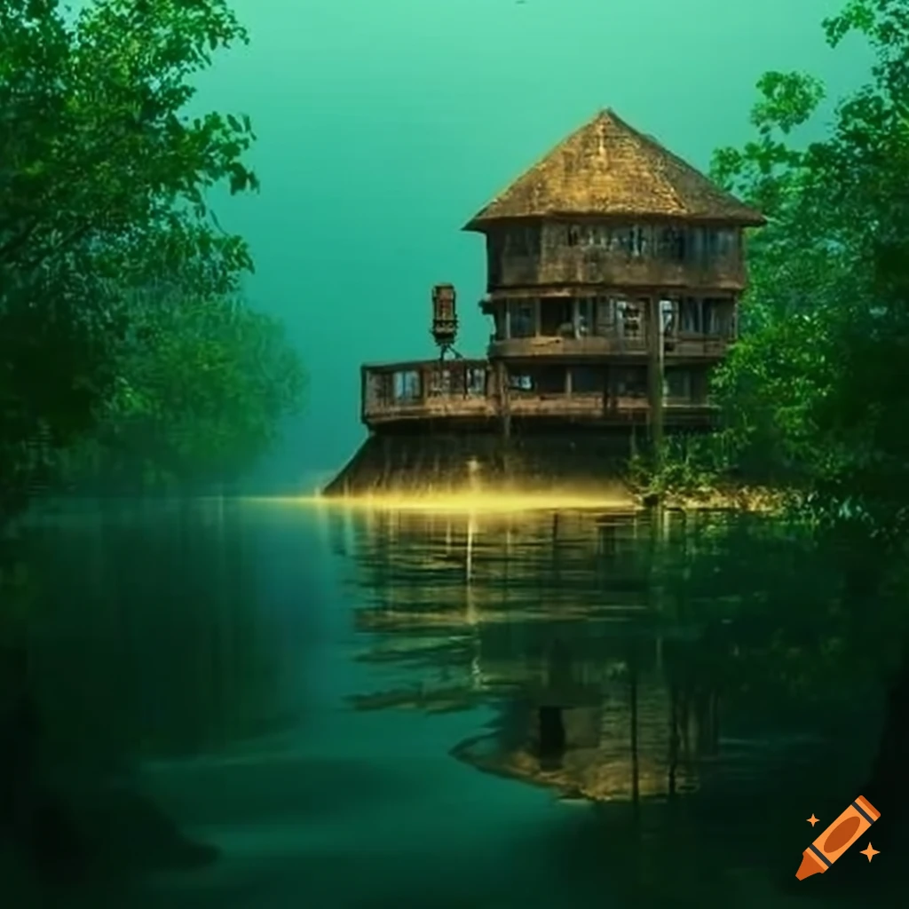Three-story fort in a mangrove forest near a river on Craiyon