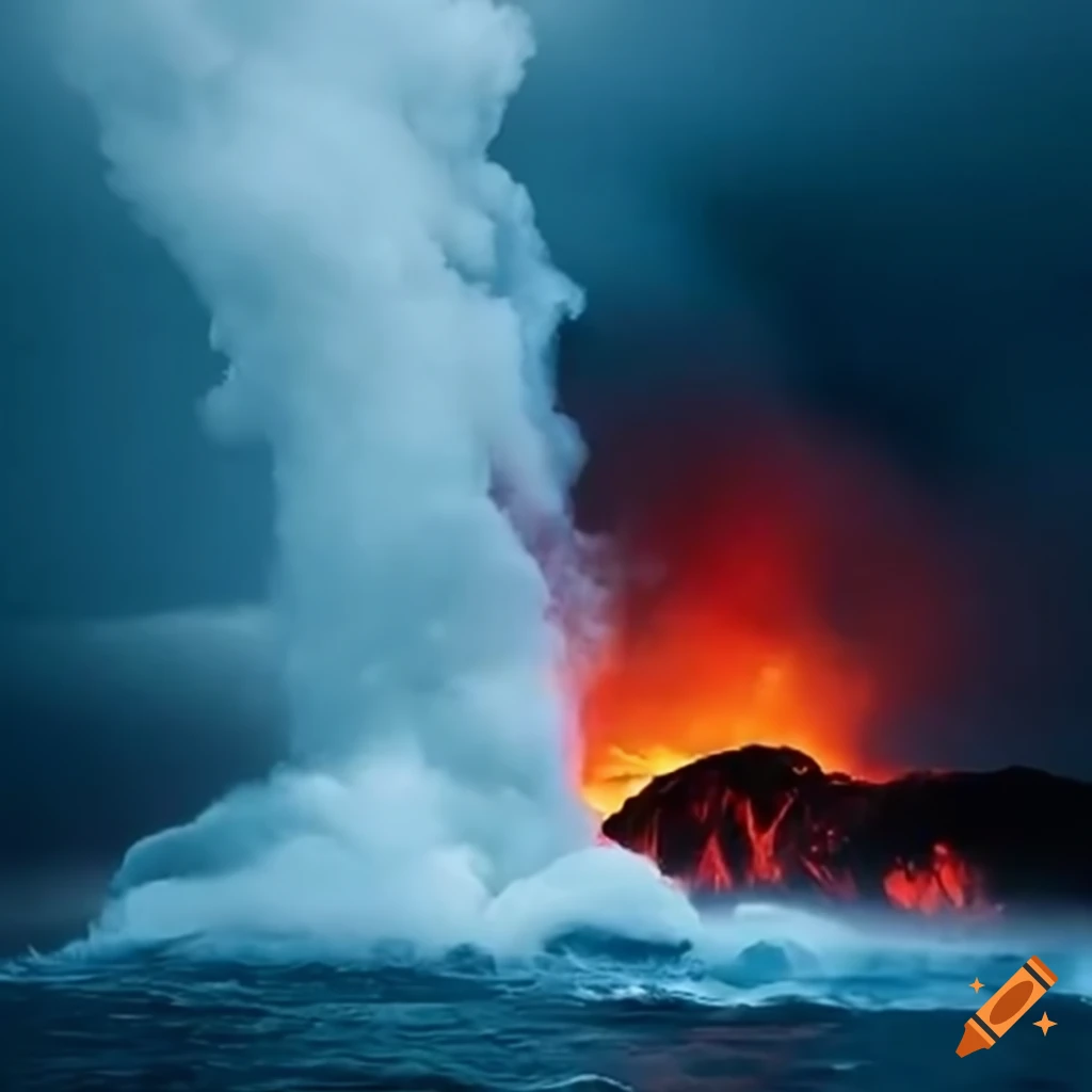 Volcanic lava waterfall into ocean with white cloud rising from water ...