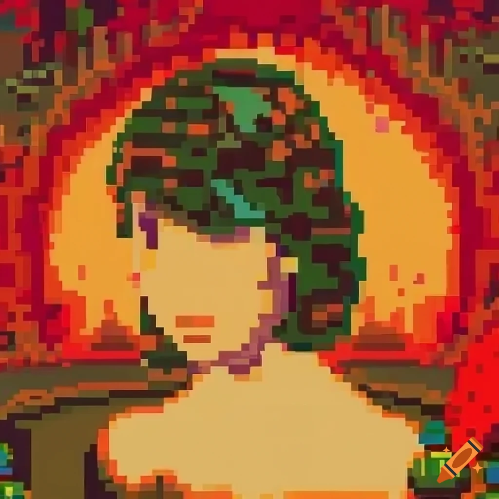 Pixel art with dithering and vintage postcard aesthetic, written text ...