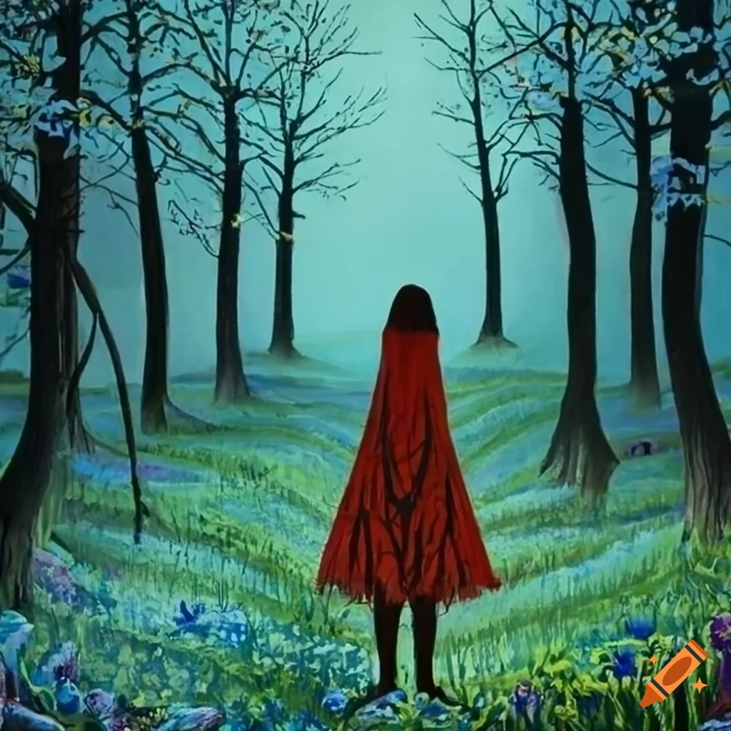 Lonely woman traveling in a spring forest in naive art style on Craiyon