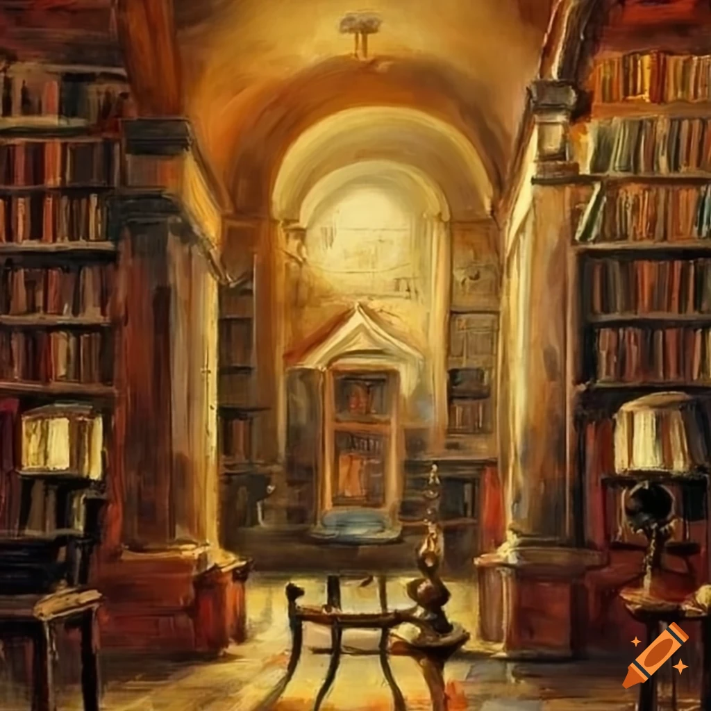 Painting of an old library with candlesticks and charm on Craiyon
