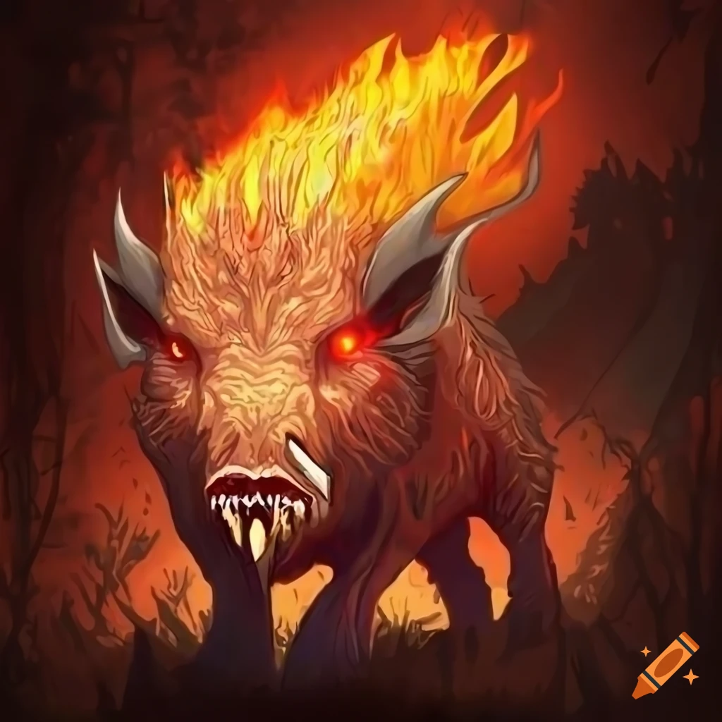 Artistic fire elemental with tusked boar characteristics in a forest ...