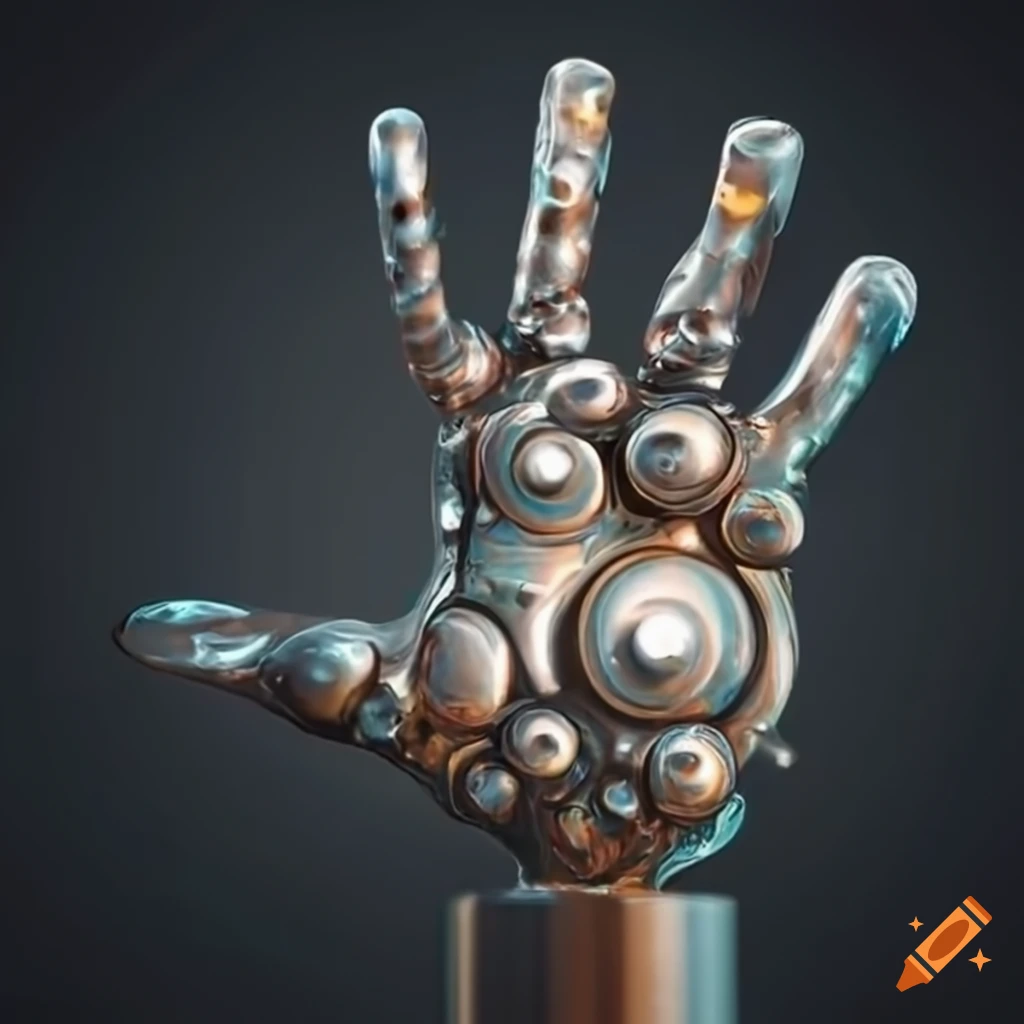 Liquid metal hand in a landscape of mechanical trash on Craiyon