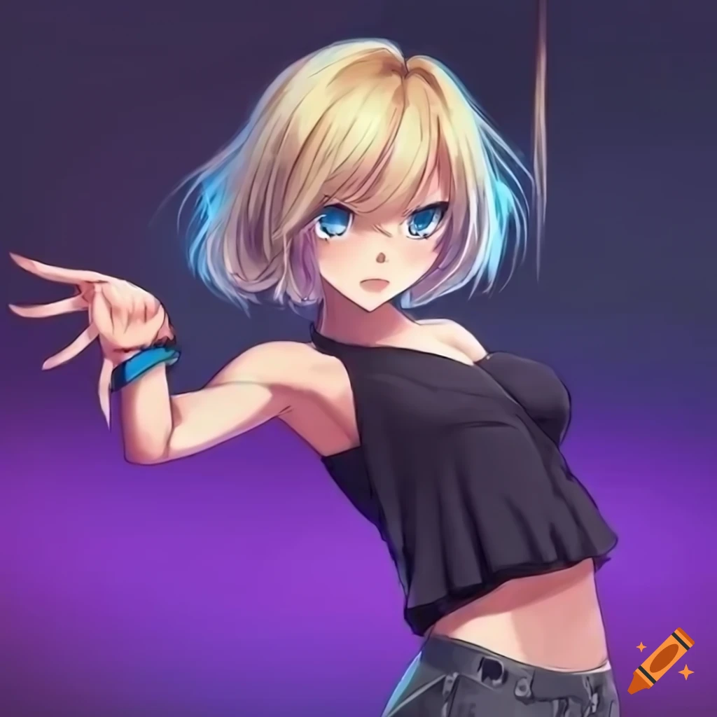 Anime girl with blue eyes and short blonde hair in a hip hop dancing ...