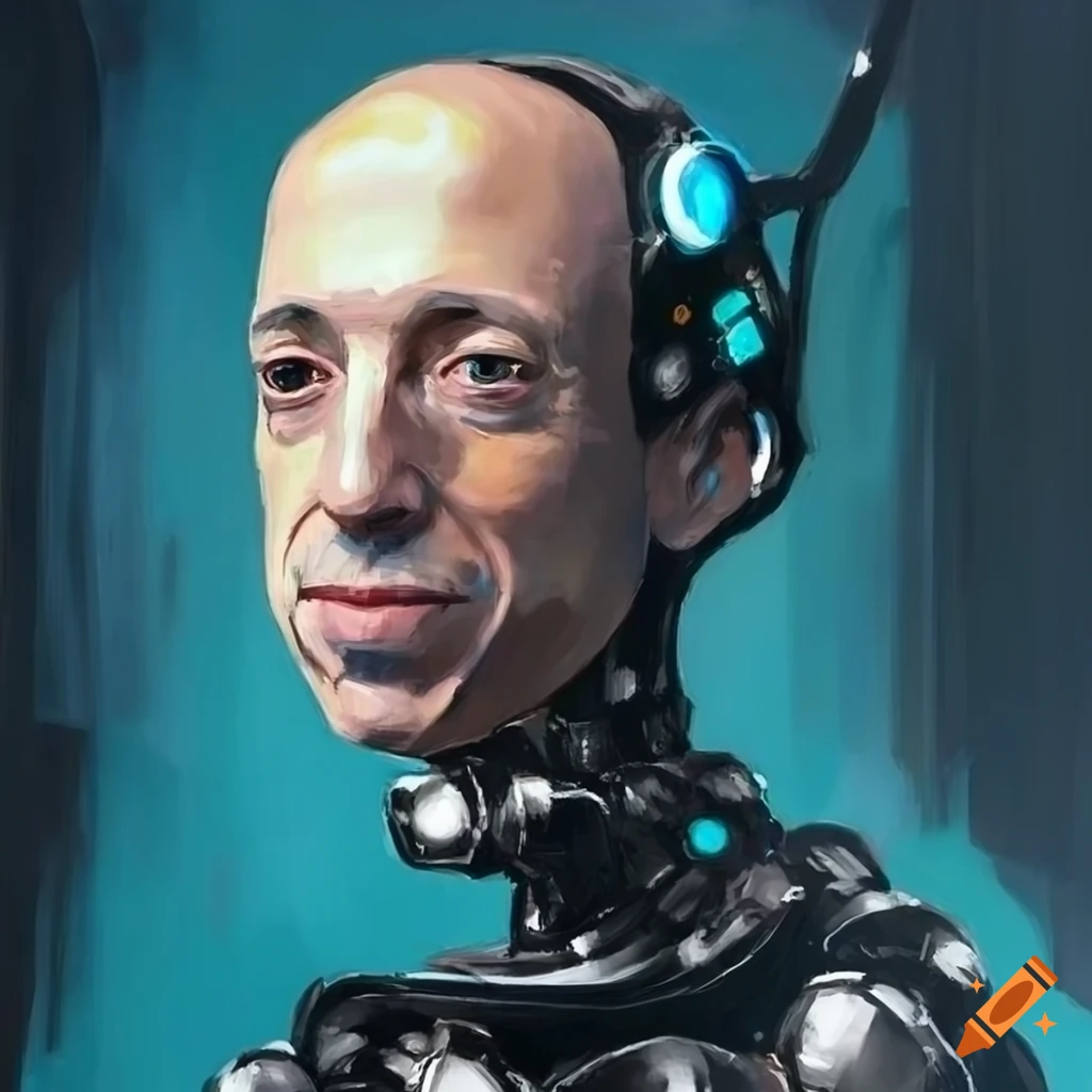 Robotic version of Gary Gensler as a cyborg in a painting on Craiyon