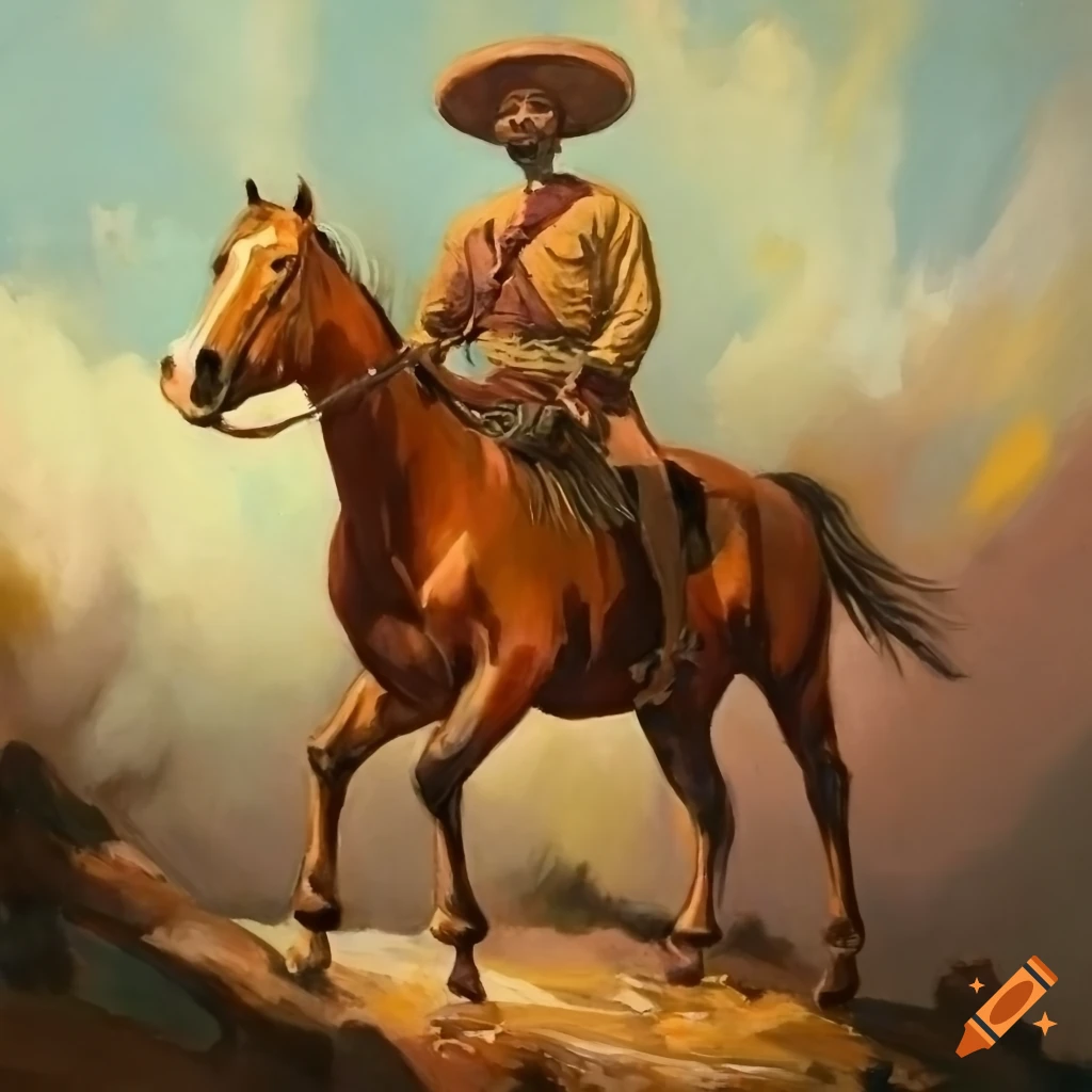 Pancho Villa leading a horse across a stream in an oil painting on Craiyon