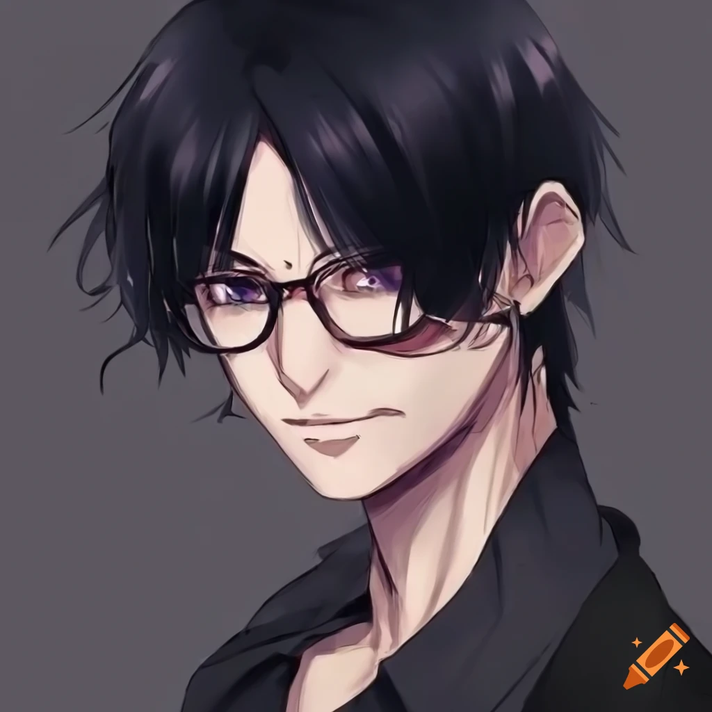 Stern anime guy with black hair, glasses, and a slender build on Craiyon