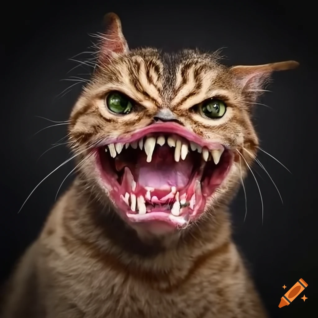 Cat showing teeth in a realistic photograph on Craiyon