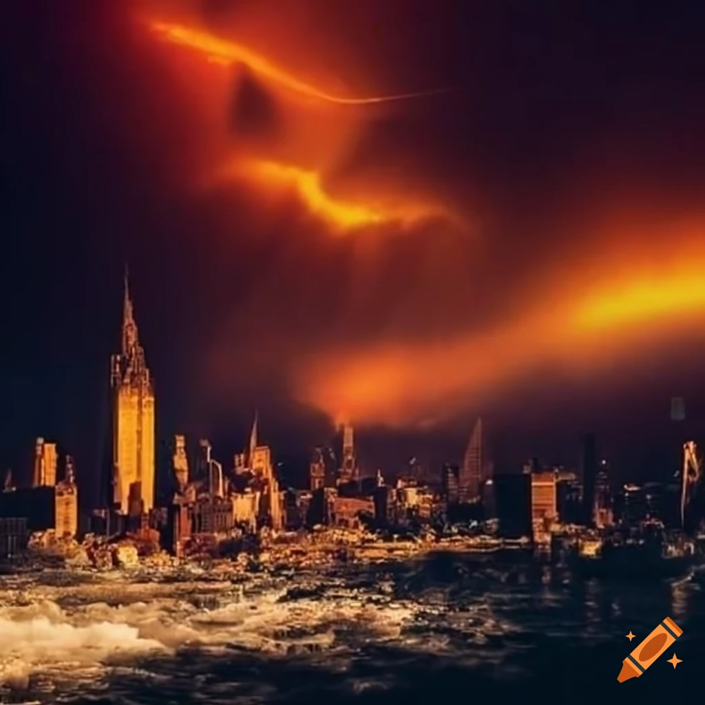 City being destroyed by massive flood and storm on Craiyon