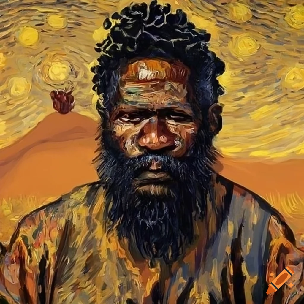 Bearded black man in vang gogh style with desert background on Craiyon
