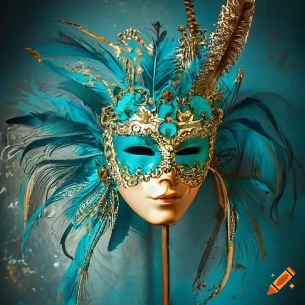 Exquisite gold filigree masquerade mask with teal accents and feathers ...