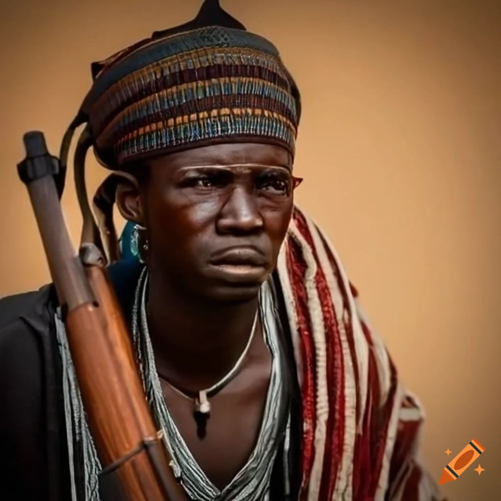 Hausa/Fulani man with alasho turban carrying a hunting rifle on Craiyon