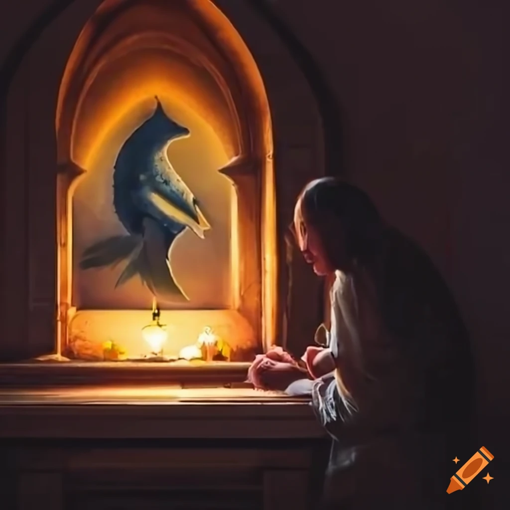 Person praying in front of an altar with a fish painting on Craiyon