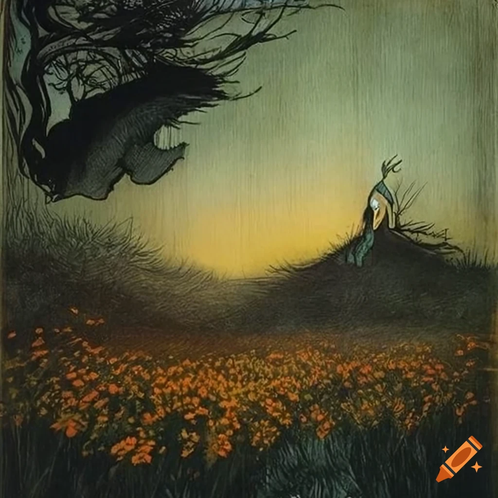 Wide angle landscape panorama of a dancer in wildflowers with fantasy ...