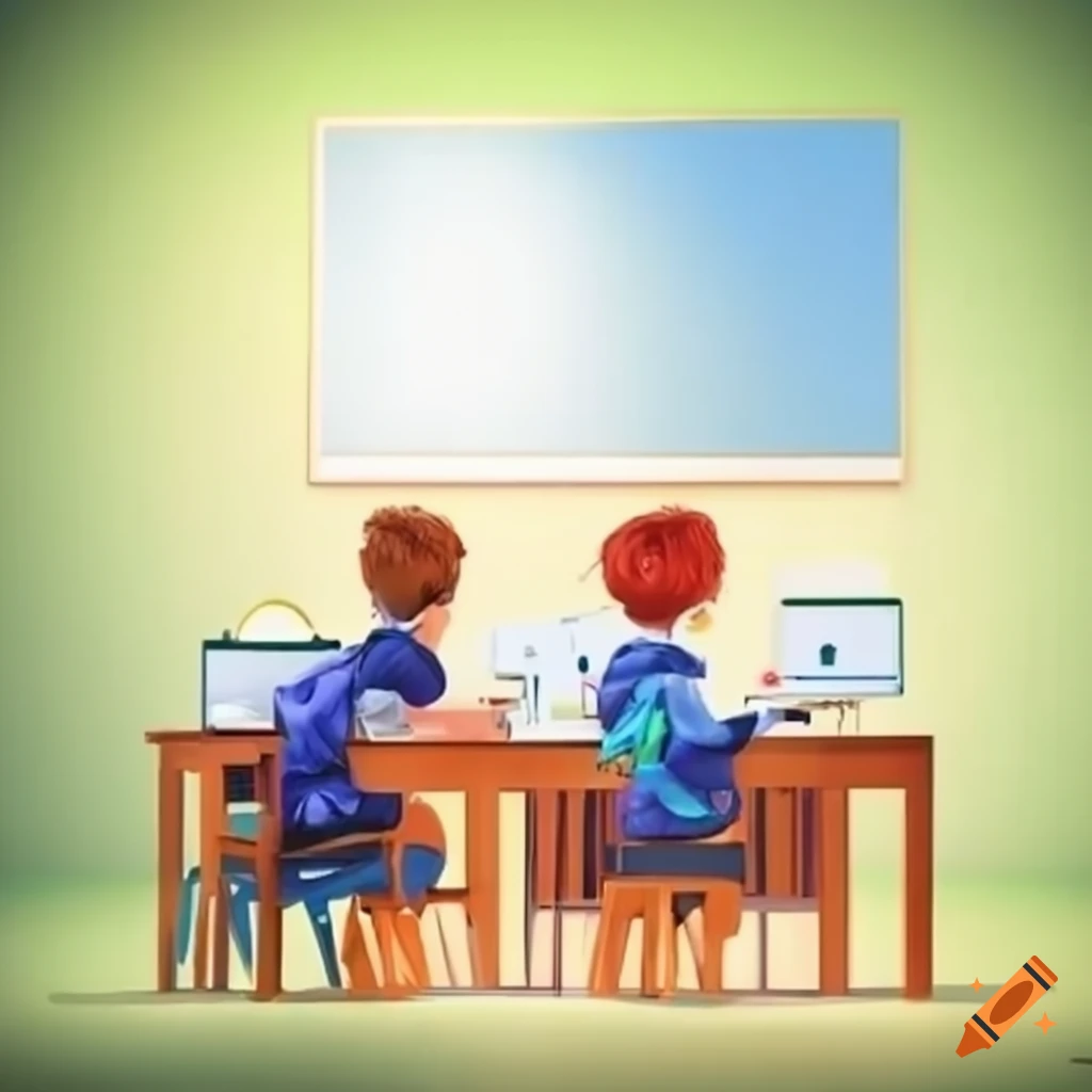 Future school classroom with students and teachers using computers on ...