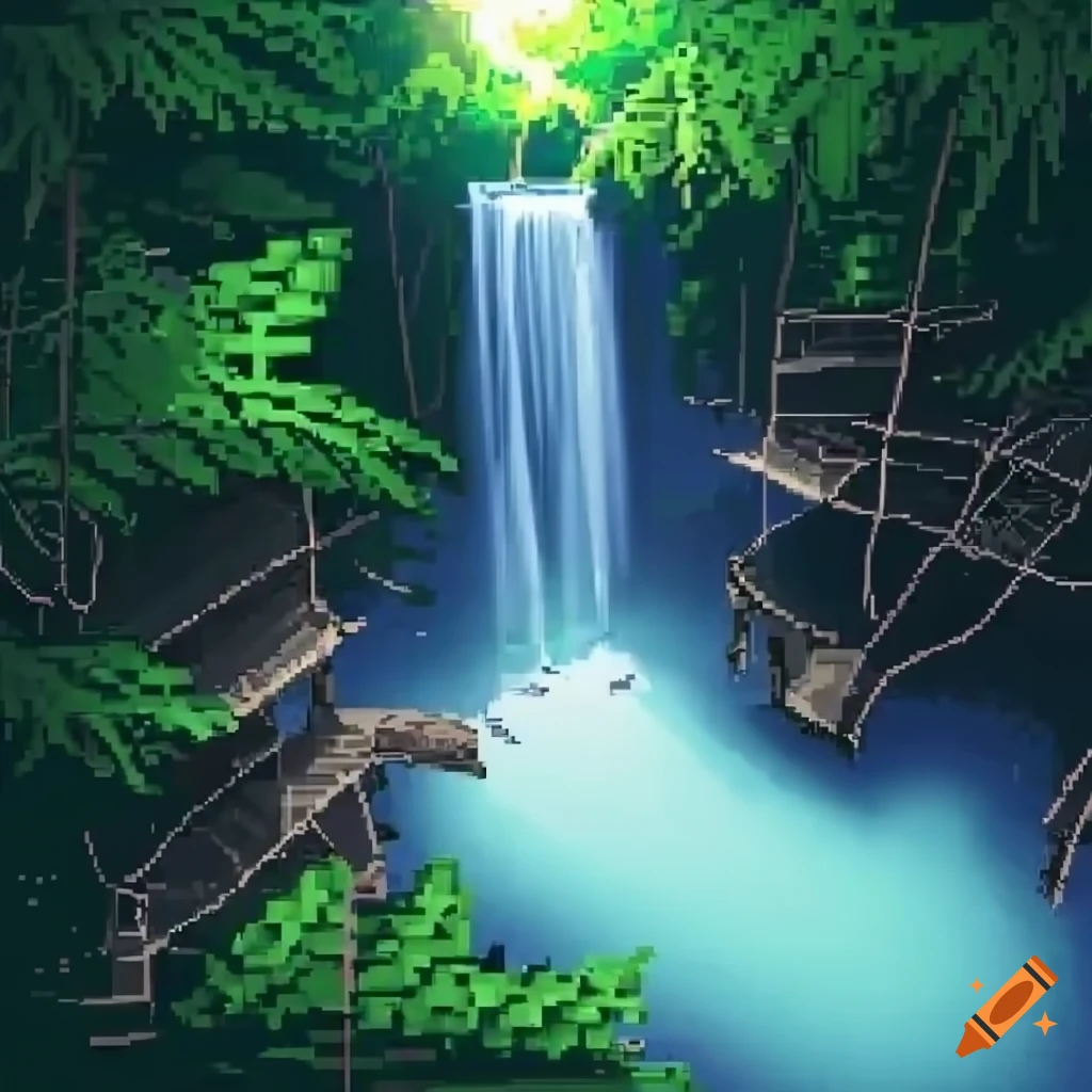 Waterfall in Chishui black bamboo grove in pixel art on Craiyon