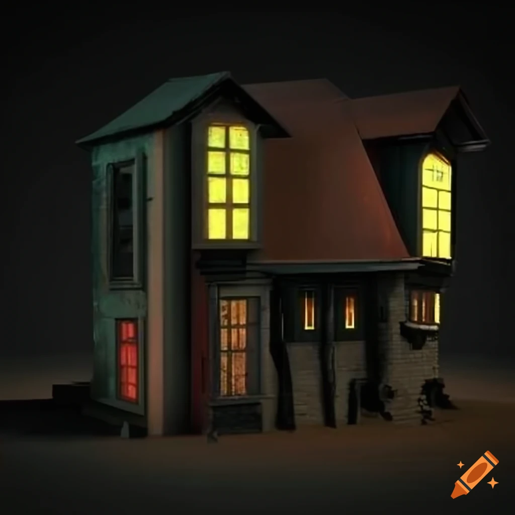 Haunted house with yellow-glowing windows in the 1970s on Craiyon