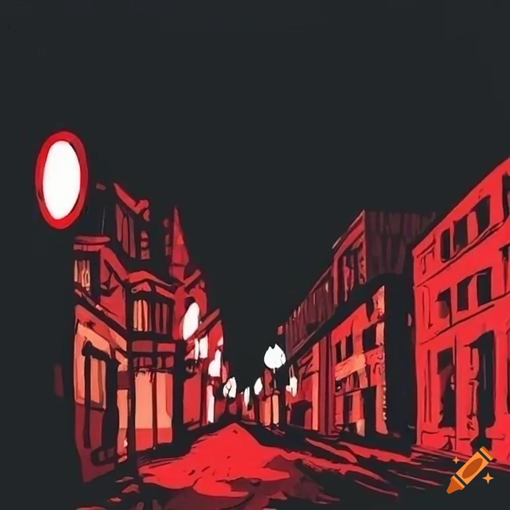 Black and red drawing of a nighttime street scene on Craiyon