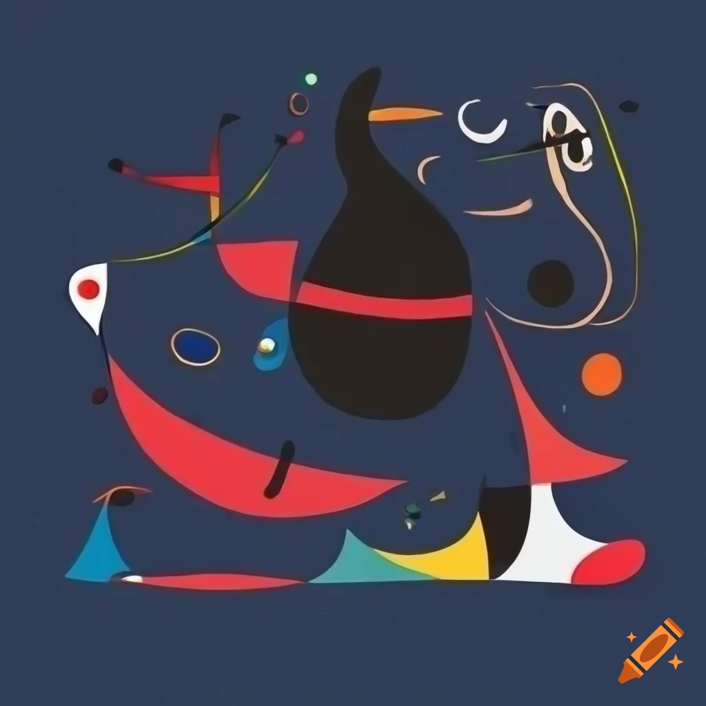 Surrealist scene in miro painting style with reds, yellows, whites, and ...