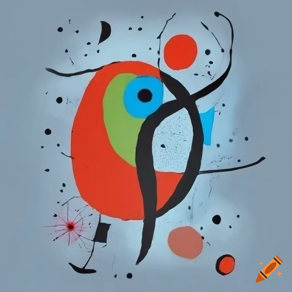 Surrealist painting in miro style with reds, yellows, whites, and blues ...