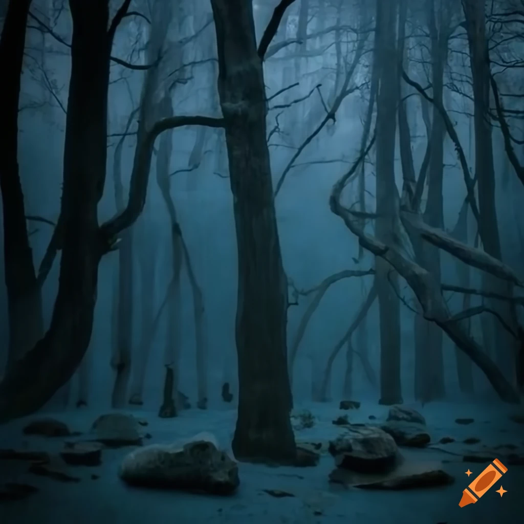 Eerie light blue forest with mist, dead trees, and occult stone altars ...