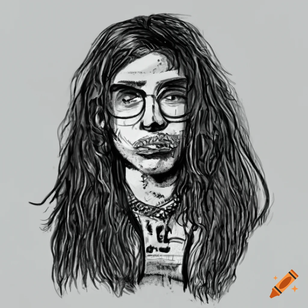 Sketch of a long-haired metalhead musician in a leather jacket on Craiyon